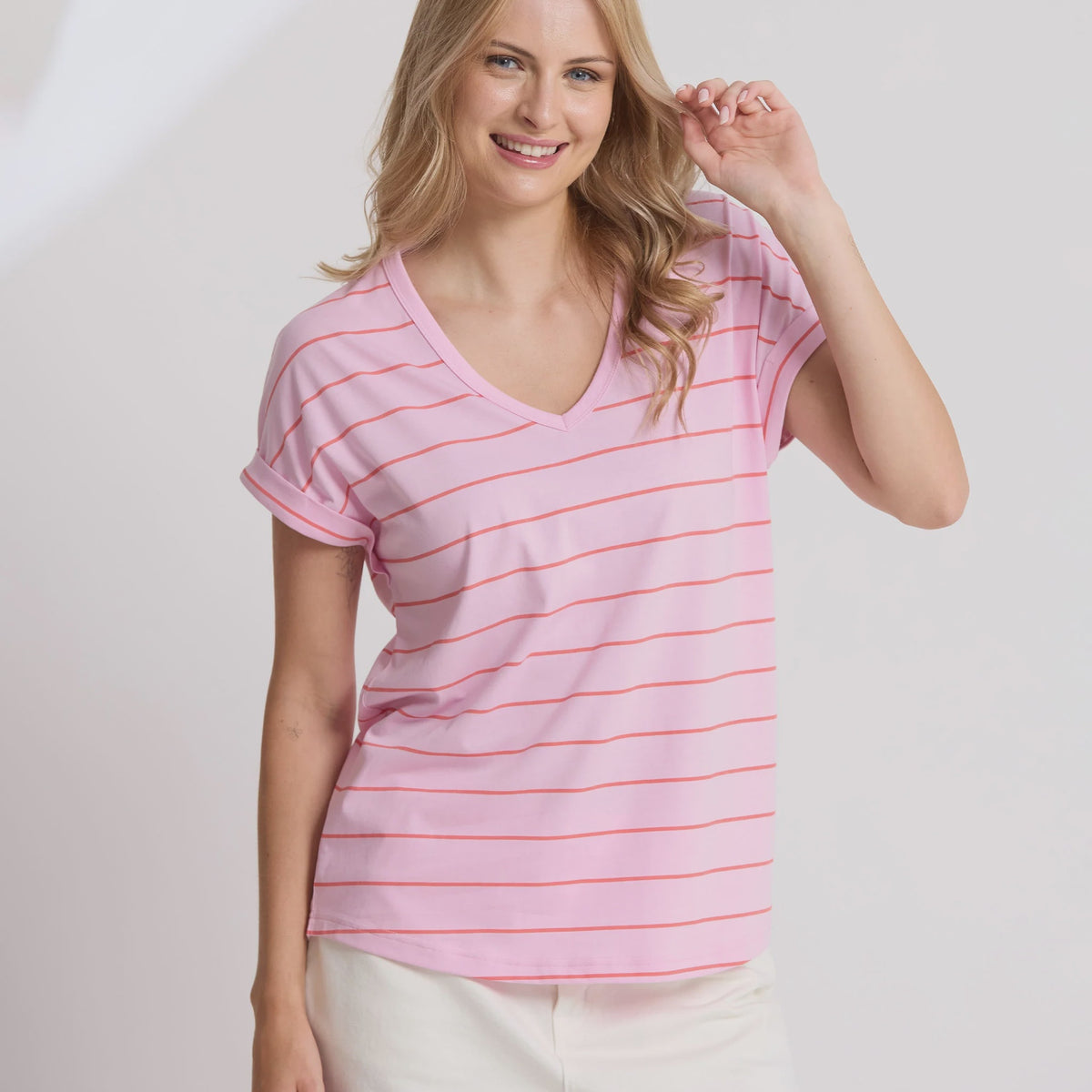 Stella + Gemma Soho Cuff V Tee | Candy/Red Stripe – Deluxe Greytown NZ